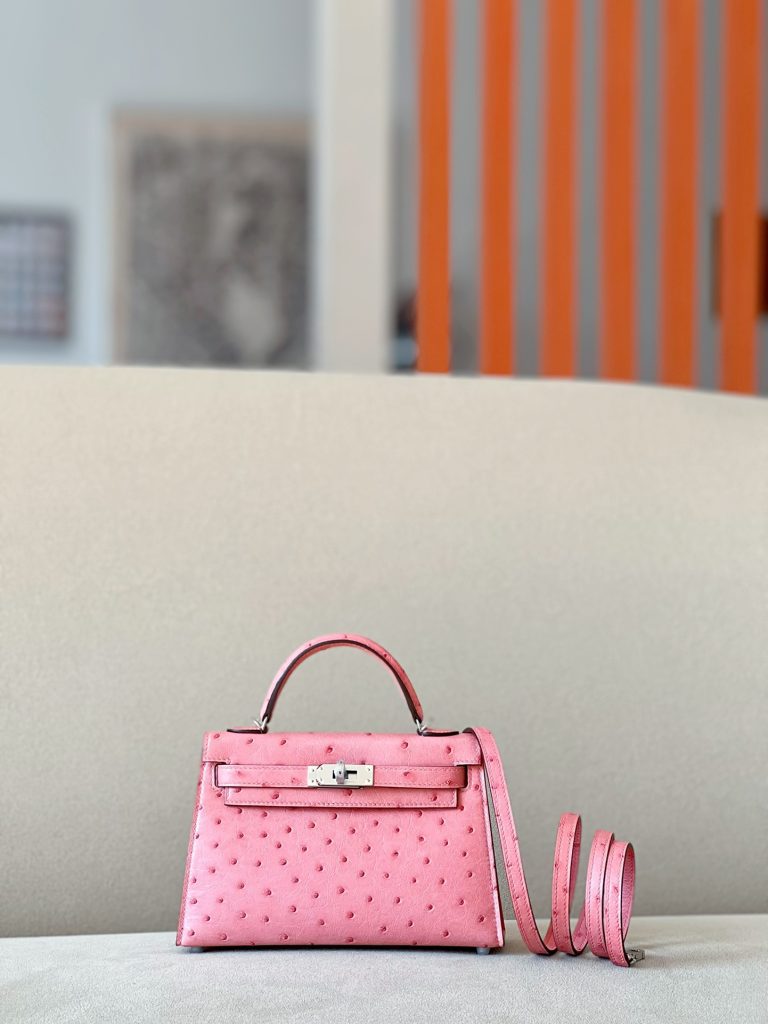 Kelly Mini Ostrich Rose Bubblegum (L4) Hardware - Perfecthbags
